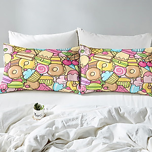 Feelyou Cartoon Ice Cream Duvet Cover Donut Cupcake Bedding Set for Kids Boys Girls Delicious Desert Comforter Cover Girls Sweets Bed Set 1 Duvet Cover with 1 Pillowcase Twin Size (No Comforter)