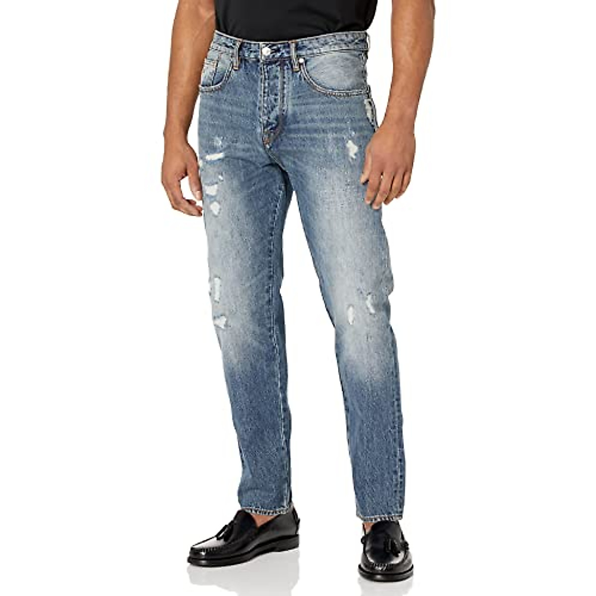 A | X ARMANI EXCHANGE Men's J24 Tapered Rip & Repair Light Jeans, Indigo Denim, 34