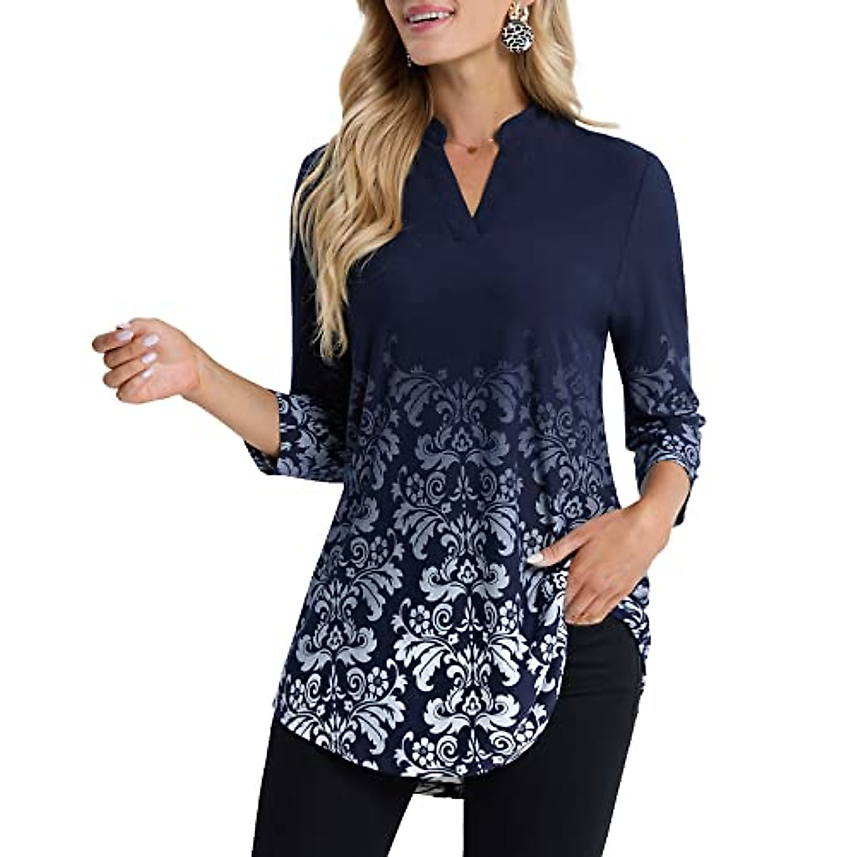 BAISHENGGT Womens Tunic Shirts 3/4 Sleeve Tops Blouses XX-Large Blue Floral