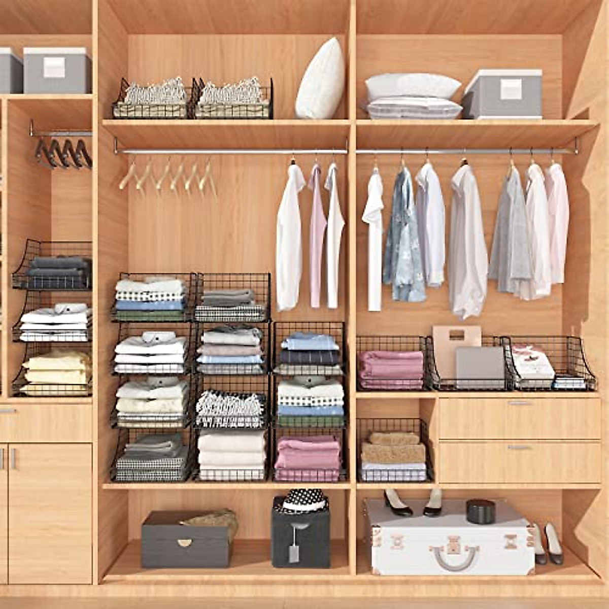 Lyuwanxian Open Storage Bins Closet Organizers and Storage Shelves 4 Pack, Rustic Stackable Metal Wire Basket for Clothes Toys Snacks, Wire Storage Baskets for Wardrobe Countertop Shelf Bedroom Black