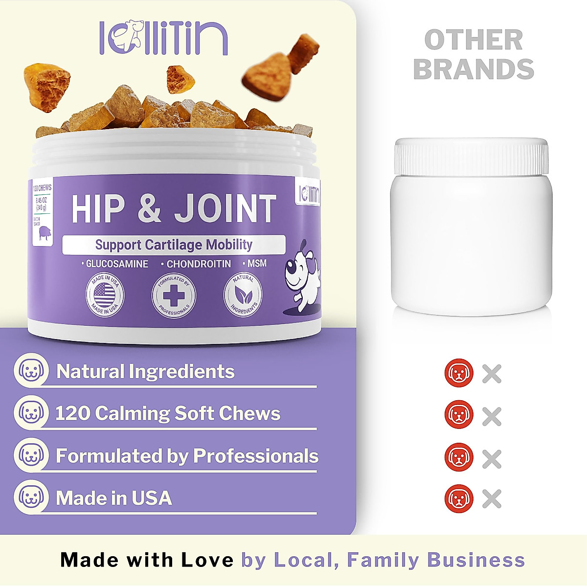 Dog Hip and Joint Supplement - Made in USA Dog Joint Supplement for Mobility Issues - Relief with Glucosamine for Dogs, MSM - 120 Count, Bacon Flavor - All Natural Dog Joint and Hip Supplement