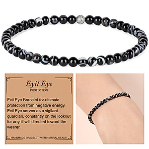 QOGIR Evil Eye Agate Bracelet - Ultimate Protection Bracelet for Women Men - Handmade Natural Gem Stone Beaded Stretch Elastic Healing Bracelets 4mm