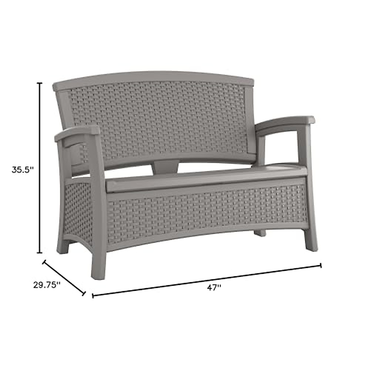 Suncast Elements Outdoor Resin Loveseat with 23-Gal. Storage Area, Modern Storage Sofa for Patios, 47" W x 29.75" D x 35.5" H, Gray