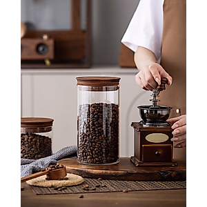 BOILMERIT 37 oz Coffee Canister with Scoop and Wooden Lids, Airtight Coffee Storage Container Sets of 2 for Ground Coffee, Glass Coffee Jars for Coffee Beans, Coffee Bar Organizer, Kitchen Countertop