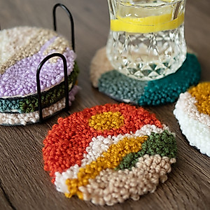 Temlum Punch Needle Coasters Kit, Punch Needle Embroidery Kit for Beginners and Adults Including Patterns, Tools, Yarns, Hoop, Instruction, Coaster Holder Coaster Art Craft Supplies (Landscape)