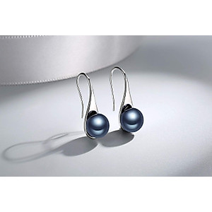 Pearl Earrings For Women, 925 Sterling Silver Freshwater Cultured Pearl Drop Dangle Hook Earring Jewelry (Classic White Gold Plated Sterling Silver Dark Blue Pearl, 0.31-0.33 inches)