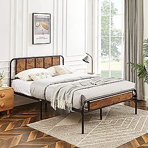 VECELO Full Size Metal Platform Bed Frame with Wooden Headboard,Sturdy Steel Slats Support/Matress Foudation/No Box Spring Needed(Vintage Brown)
