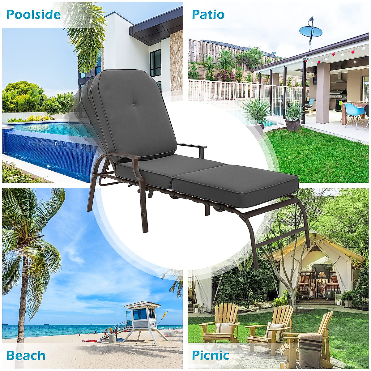 U-MAX Adjustable Outdoor Chaise Lounge Chair Patio Lounge Chair Recliner Furniture with Armrest and Cushion for Deck, Poolside, Backyard （Grey）
