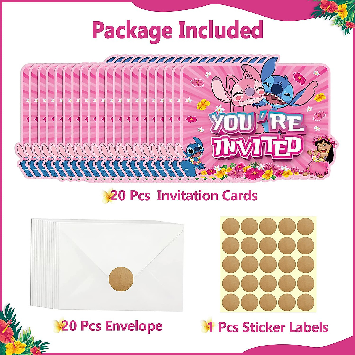 GOGOPARTY 20 Pcs Pink Invitation Cards, Birthday Party Invitation Cards With Sticker Labels, 20 Envelope Birthday Invitations for Kids Birthday Party Supplies