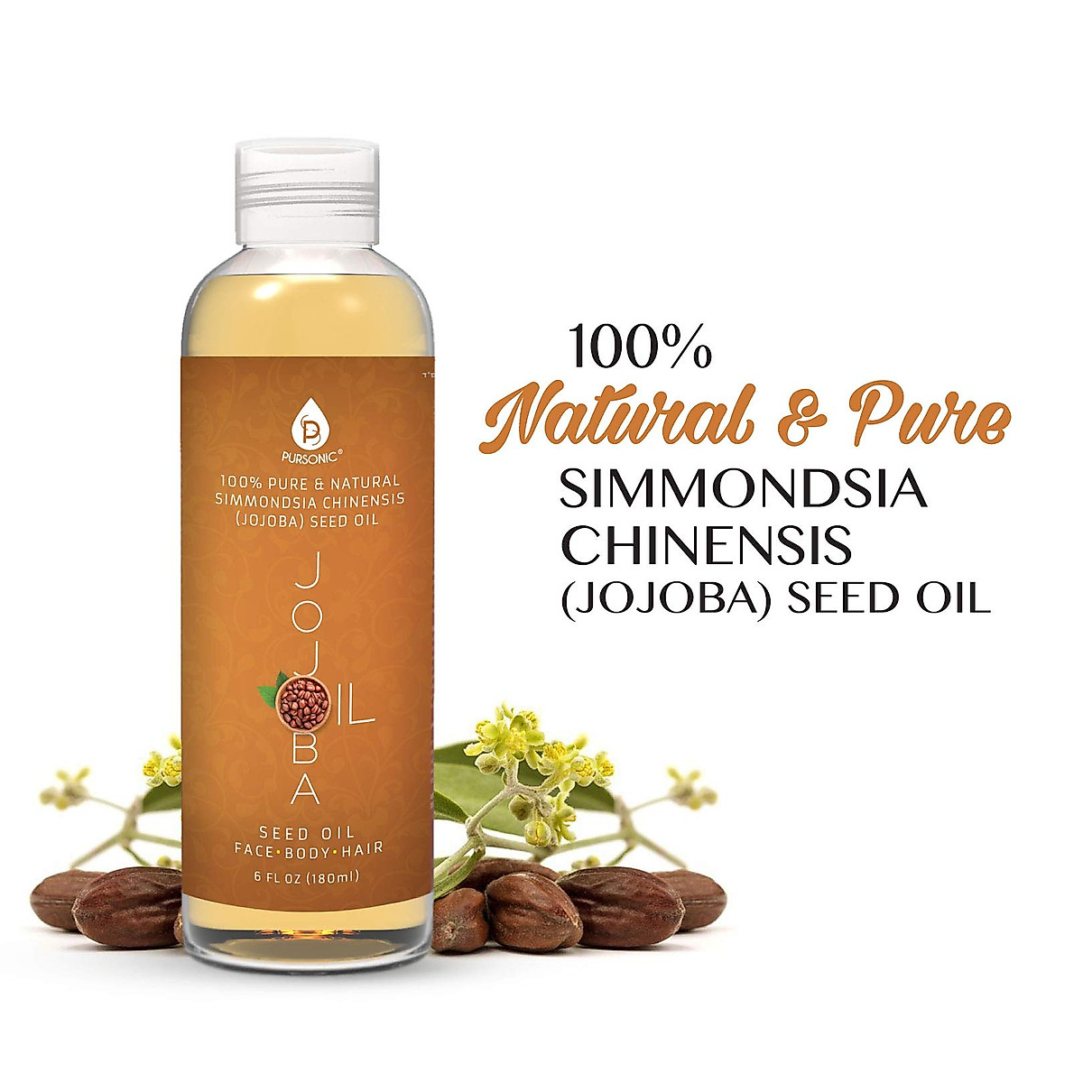 Pursonic Pursonic 100% Cold Pressed Pure Golden Jojoba Oil for Dry Skin or Damaged Hair, Natural & Unrefined - Moisturizes & Revitalizes Skin, 6 Ounce, 1 count, JJO6