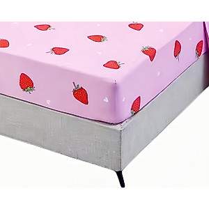 SDY 4PCS Strawberry Bedding Sheets,Queen Size Red and Pink Strawberry Print Sheet Set with 1 Kawaii Top Flat Sheet + 1 Deep Pocket Fitted Sheet + 2 Pillowcases for Teen Girls