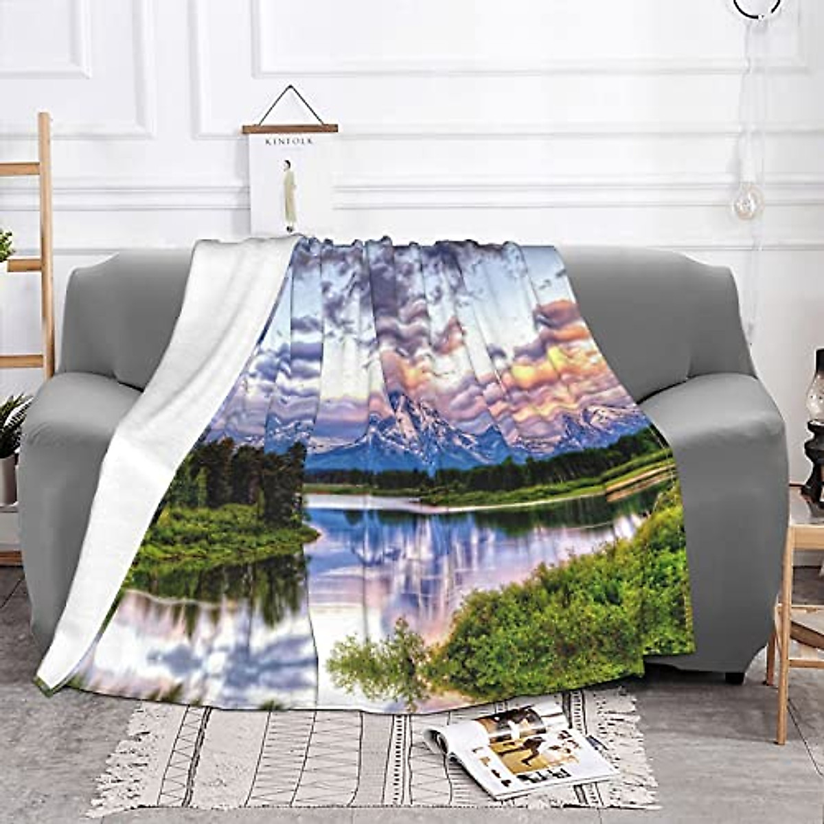 Grand Teton National Park Print Fleece Throw Blanket for Couch Ultra Soft Lightweight Flannel Blanket, 50" X 60"