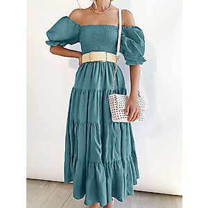 ANRABESS Women's Casual 2024 Summer Fashion Midi Dress Puff Short Sleeve Square Neck Smocked Tiered Boho Beach Dresses Lake-S