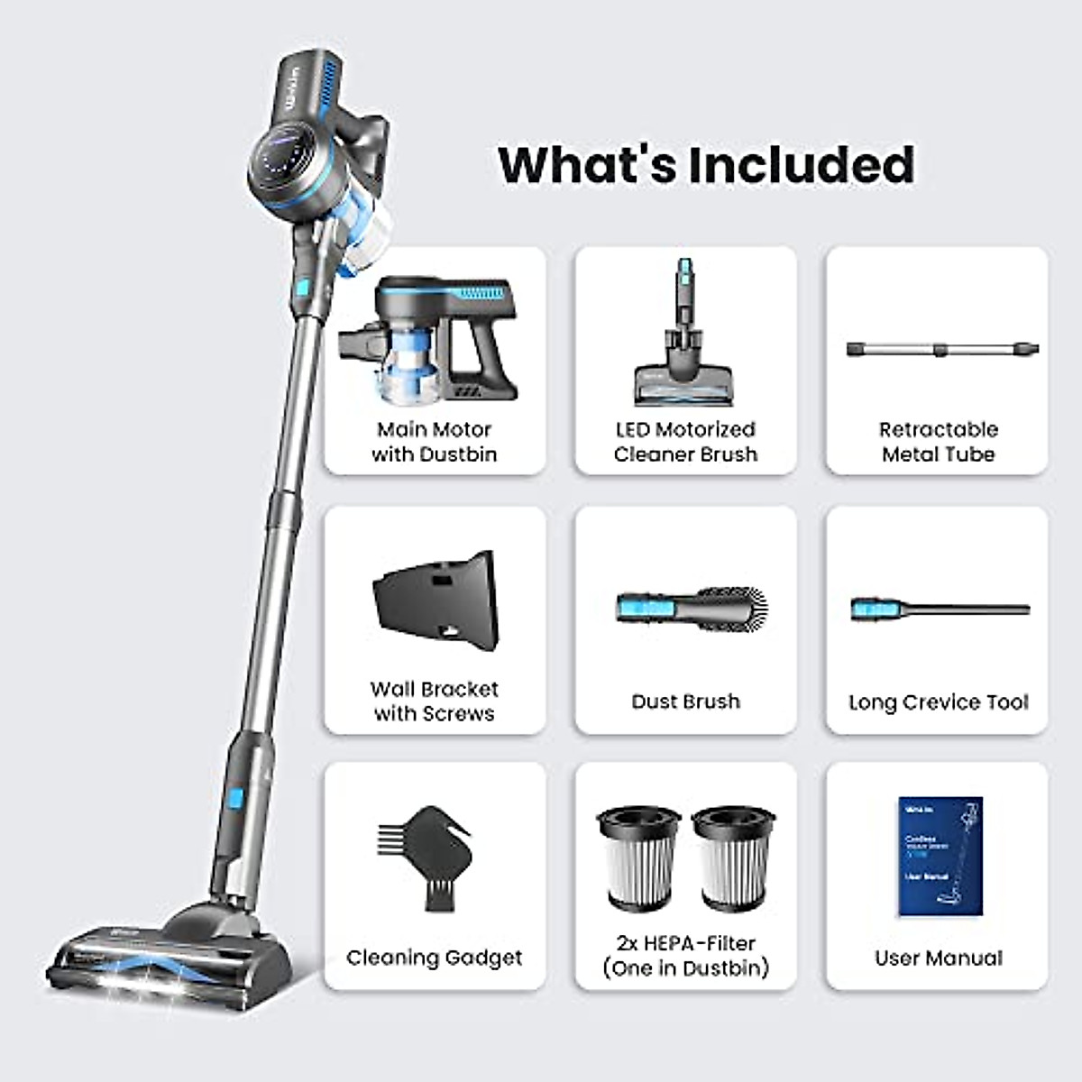 WnkimTech Cordless Vacuum Cleaner, 25Kpa Powerful Stick Vacuum for Hardwood Floor, 45 Min Rechargeable Battery, 6 in 1 Lightweight Upright Vacuum with LED Display for Pet Hair Carpet