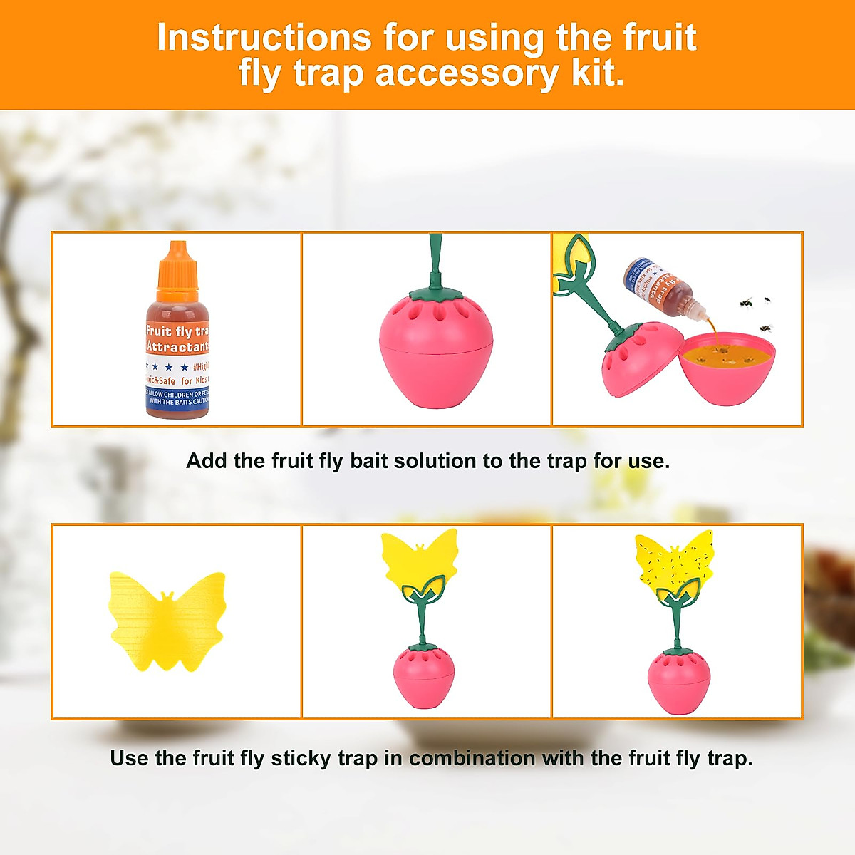 Fruit Fly Trap for Indoor- Non-Toxic Insects Bait Refill Liquid Only- Fruit Fly Bait with Sticky Pads- with 6 Packs Fly Trap Refills Liquid Replacement- 24 Packs Fruit Fly Trap Stickers