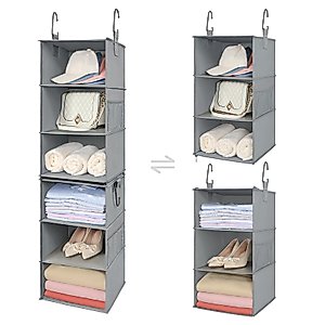 TOPIA HOME 6-Shelf Hanging Closet Organizer, Two Separable 3-Tier Heavy Duty Closet Organizer, Hanging Closet Shelves with Pockets for Clothes, Sweater, Shoe, Purse, Nursery, 12" Dx12 Wx48 H, Gray