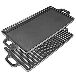 ProSource 2-in-1 Reversible 19.5” x 9” Cast Iron Griddle with Handles, Preseasoned & Non-Stick for Gas Stovetop, Oven, and Open Fire