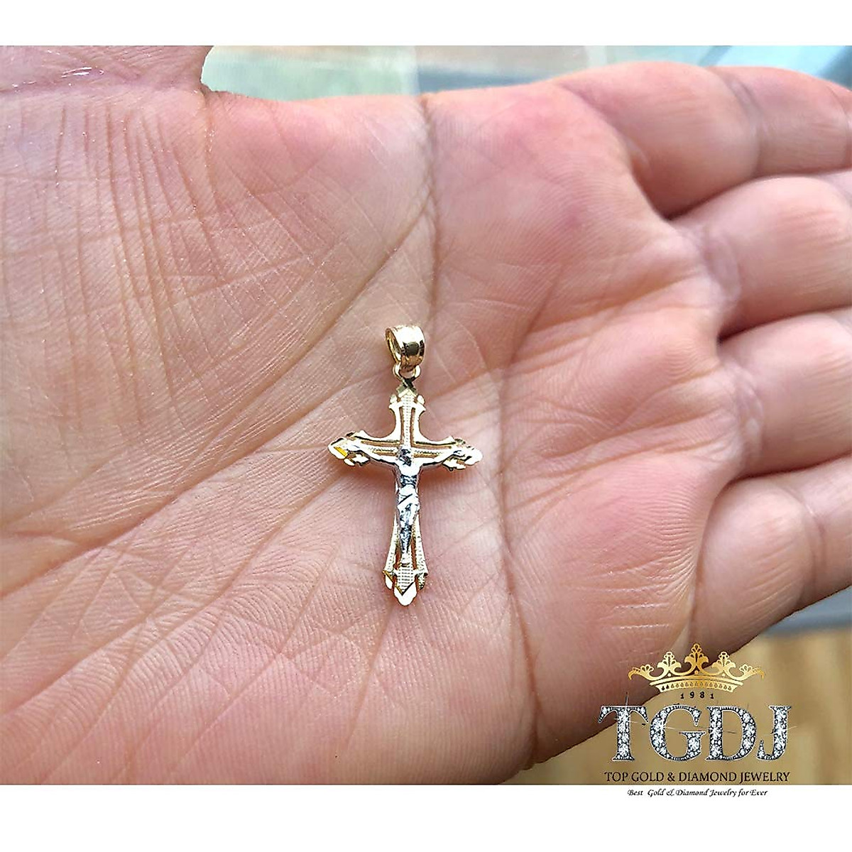 14K Real Gold Two Tone Linear Jesus Cross Pendant - 25x16 MM Crucifix Charm Necklace Pendant - Great Gift for Men & Women