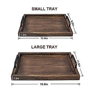 LIBWYS Rustic Wooden Serving Trays with Handle-Set of 2-Decorative Nesting Food Board Platters for Breakfast, Coffee Table/Butler (Large 15.8x11.8x1.2 inches, Small 13.4x9.4 x1.2 inches)