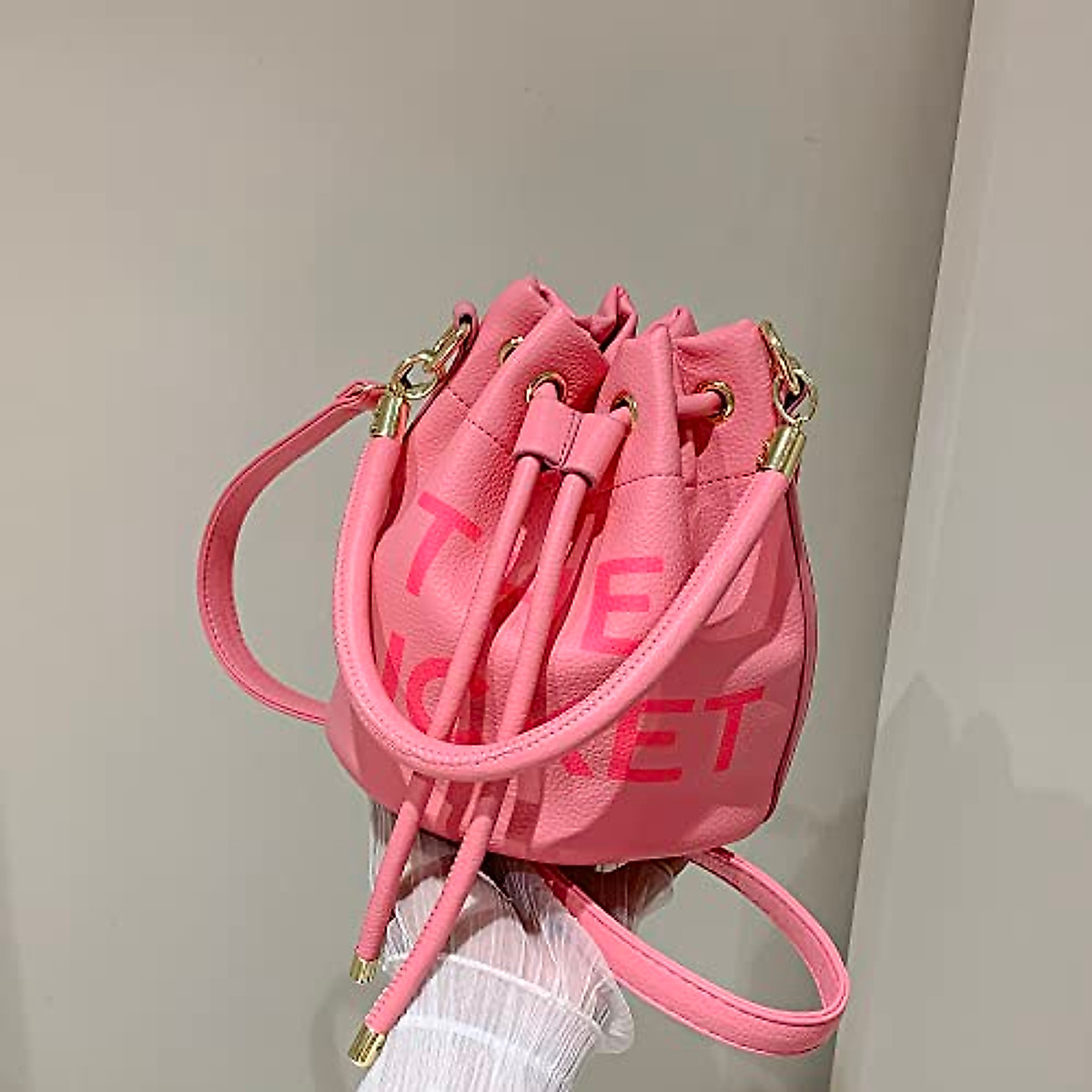 Small Bucket Bag for Women, Leather Bucket Bag Purses, Crossbody/Handbag/Hobo Bag(7.9*7.9*8.3in) (Rose Red)