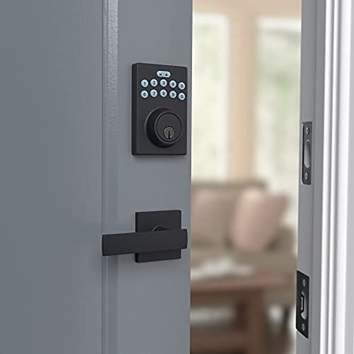 Amazon Basics - Contemporary Electronic Keypad Deadbolt Door Lock With Passage Lever, Matte Black, 15.98 x 6.10 x 3.07 inches (LxWxH)