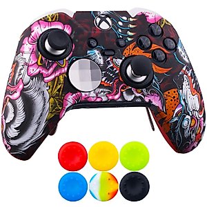 9CDeer 1 x Protective Customize Transfer Print Silicone Cover Skin Loong Red + 6 Thumb Grips Analog Caps for Xbox Elite Wireless Controller Compatible with Official Stereo Headset Adapter