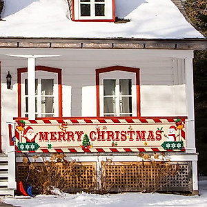 Large Merry Christmas Banner Christmas Outdoor Yard Sign Decorations - Red and White Santa Snowman Xmas Holiday Hanging Banner for Indoor Outdoor Christmas New Year Party Supplies (9.8x1.6 feet)