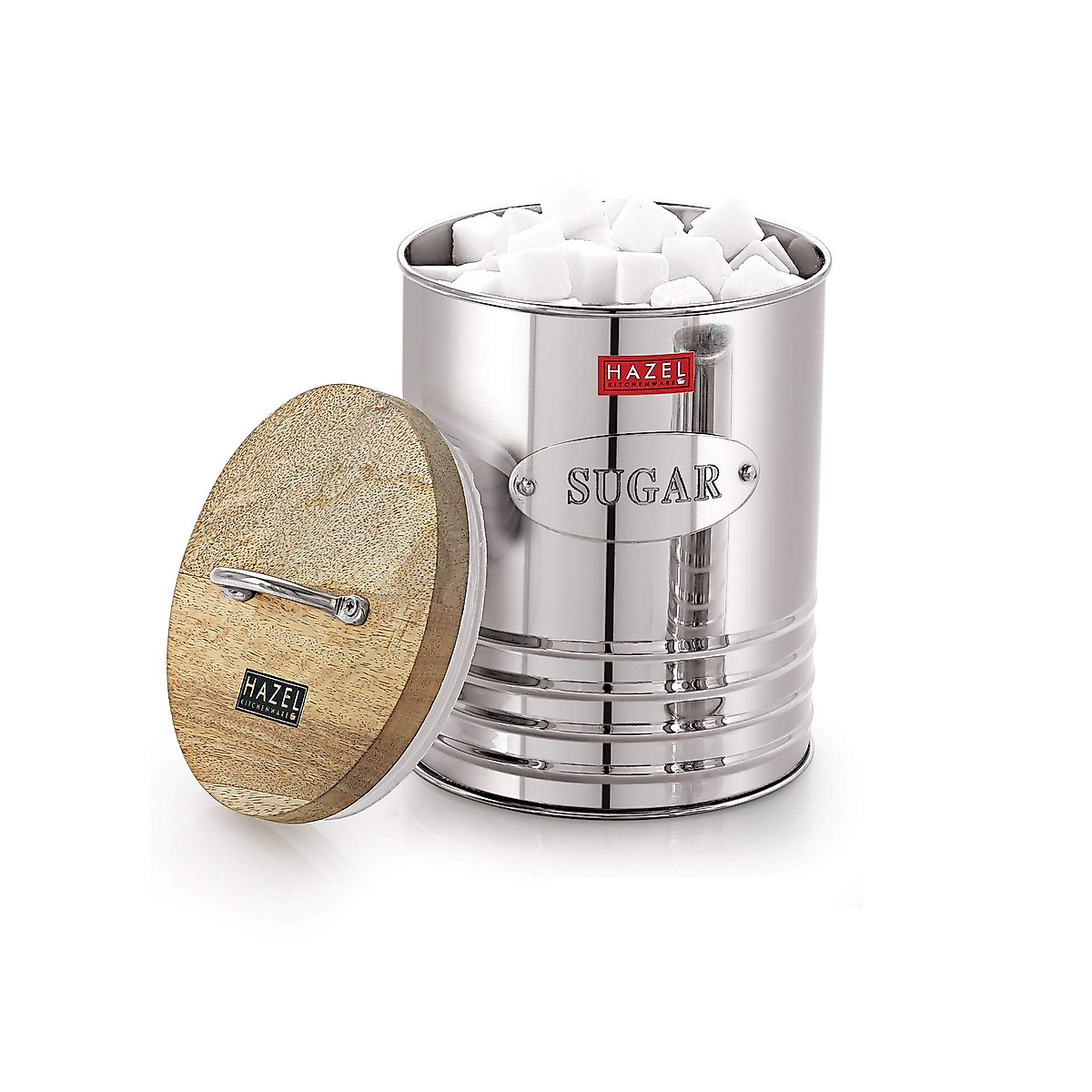 HAZEL Stainless Steel Sugar Storage Jar Container With Wood Lid, 2250 ML, Silver