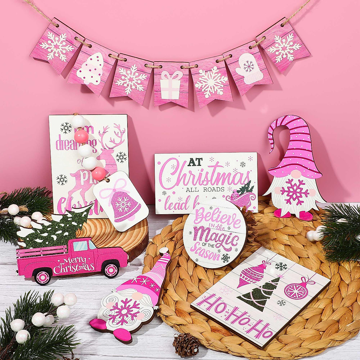 VIDELLY Christmas Tiered Tray Decor Set, 15 Pieces Wood Rustic Farmhouse Table Decor Pink Gnome Elk Snowflakes Bell Christmas Decorations