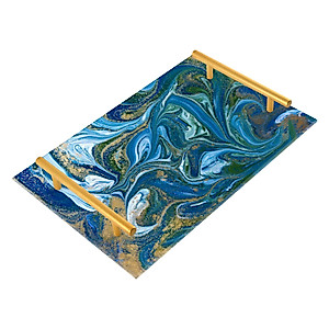 Blue Green Marble Decorative Tray for Bathroom Acrylic Perfume Organizer for Vanity Serving Tray with Copper-Color Metal Handles Coffee Table Tray for Coffee Tea Breakfast