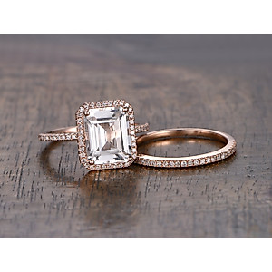 White Topaz Engagement Ring Set Diamond wedding ring 14K Rose Gold 10x8mm Emerald Cut Stone Promise