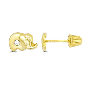 14K Yellow Gold High Polished Mini Elephant Hat Screw Back Stud Earring