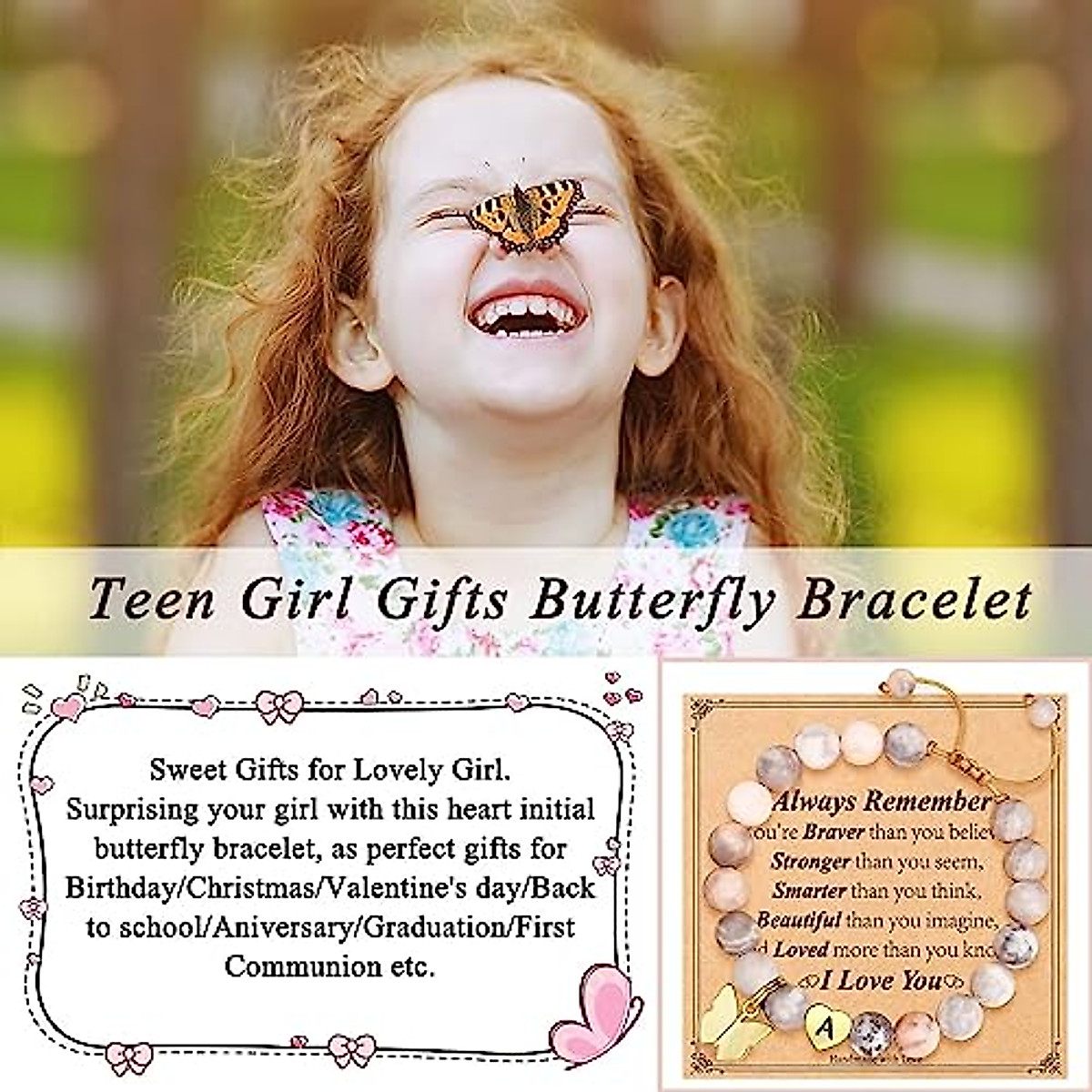 MONOZO Jewelry Gifts for Women Trendy, Women Jewelry Gold Heart Initial M Butterfly Bracelets for Her Birthday Gifts Valentines Day Christmas Jewelry Gifts for Women Natural Stone Bracelets Gifts