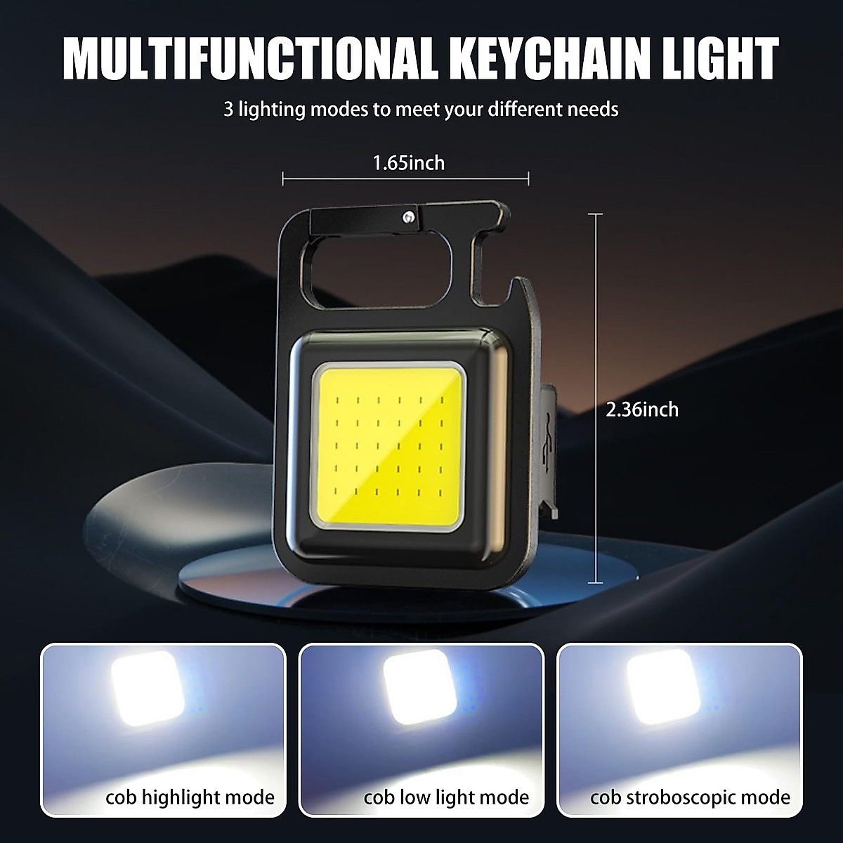 GKmow 2 PCS Car Keychain Light, Portable Mini COB Three-mode Work Light, Foldable Stand Bottle Opener Night Light, Suitable for Car Camping, Long-distance Travel, Home Use (Black)