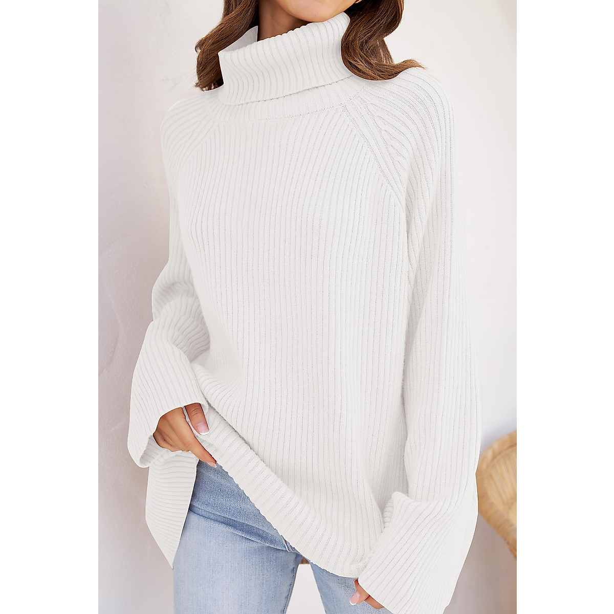 ZESICA Women's Winter Sweaters Oversized Turtleneck Long Sleeve Chunky Knitted Pullover Sweater Jumper Tops,White,Medium