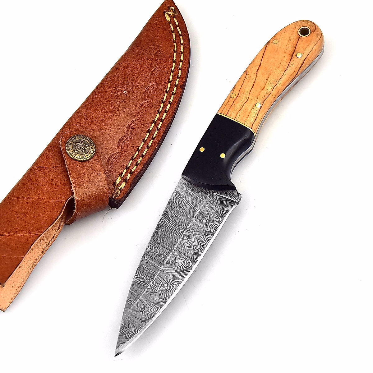 S50- Professional Custom Handmade Damascus Hunting Knife - Best Damascus steel Fixed Blade Hunting Skinning Knife Camping, Survival Knife with Leather Sheath Overall length of hunting knife is 8” blade 3.5” handle 4.5”