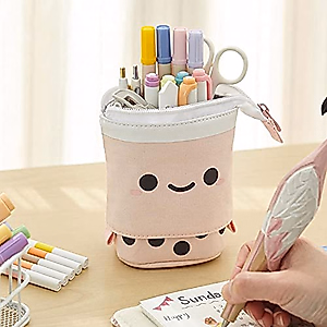 Pencil Case Standing Pen Holder Telescopic Makeup Pouch Pop Up Cosmetics Bag Stationery Office Organizer Box for Students Unsex Adults (Brown)