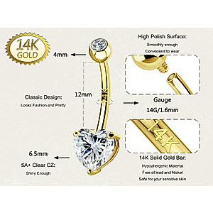 OUFER Gold Belly Button Rings, 14K Solid Gold Heart Shaped Belly Rings, Internally Threaded Belly Button Piercing, Clear CZ Belly Piercing Jewelry, Navel Rings-10MM