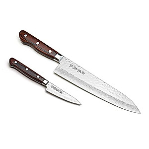 Yoshihiro VG-10 16 Layer Hammered Damascus Stainless Steel Gyuto 8.25'' (210mm) Japanese Chefs Knife & Paring Utility Knife 3.2'' (80mm) SET