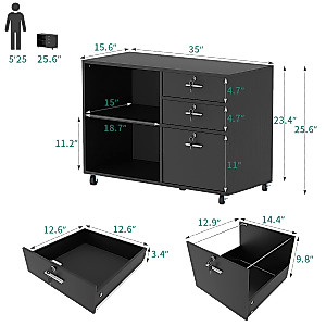 YITAHOME Wood File Cabinet, 3 Drawer Mobile Lateral Filing Cabinet, Storage Cabinet Printer Stand with 2 Open Shelves for Home Office Organization, Black