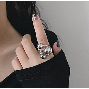 Awmnjtmgpw 925 Sterling Silver 18K Gold Hip hop Ring Round Bead Temperament Planet Index Finger Irregular Geometric Ball Ring with Adjustable Opening (Silver)