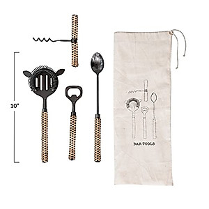 Creative Co-Op Stainless Steel Rattan Wrapped Handles, Set of 4 in Printed Drawstring Bag Bar Tools, 10" L x 1" W x 1" H, Multicolor