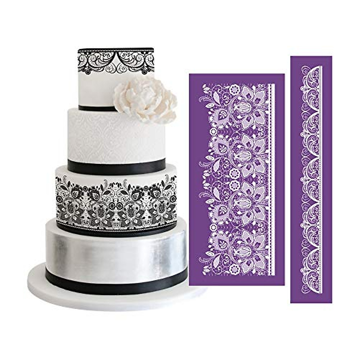 AK ART KITCHENWARE 2pcs Peony Design Mesh Stencil for Royal Icing Lace Cake Stencil Cake Decorating Tools Fondant Cake Mold Lace Mat Pastry Tools Bakeware Sugarcraft Bakery Fabric Stencils MST-06