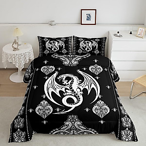 White Black Dragon Bedding Set Queen Size,Vintage Boho Floral Print Comforter Set 3Pcs,Exotic Paisley Pattern Quilt Set for Kids Boys Girls Adult Room Decor Gohtic Duvet Insert,2 Pillowcases