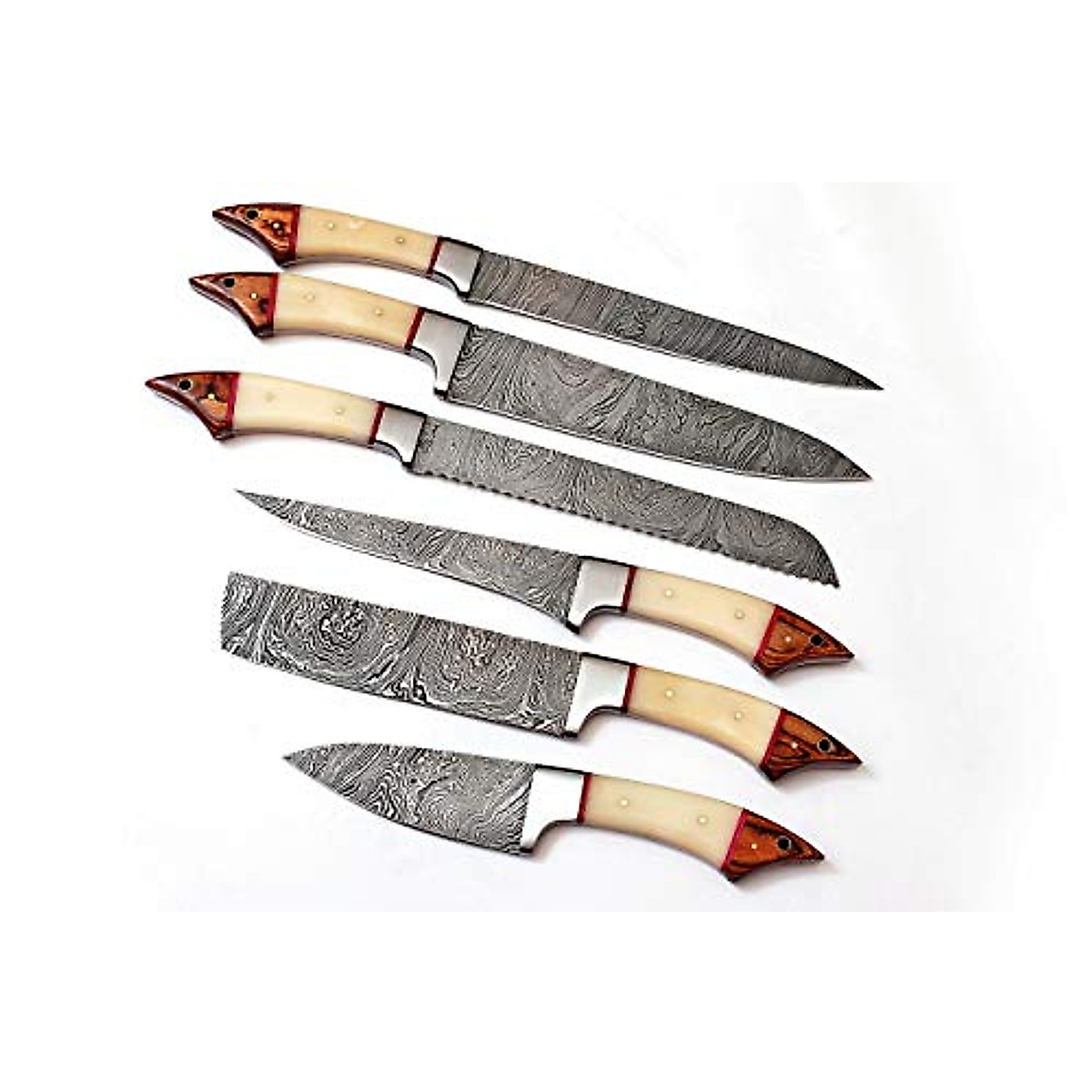 Randy,Custom made damascus steel kitchen/chef's knife set with leather roll bag DR-1061-B-6.