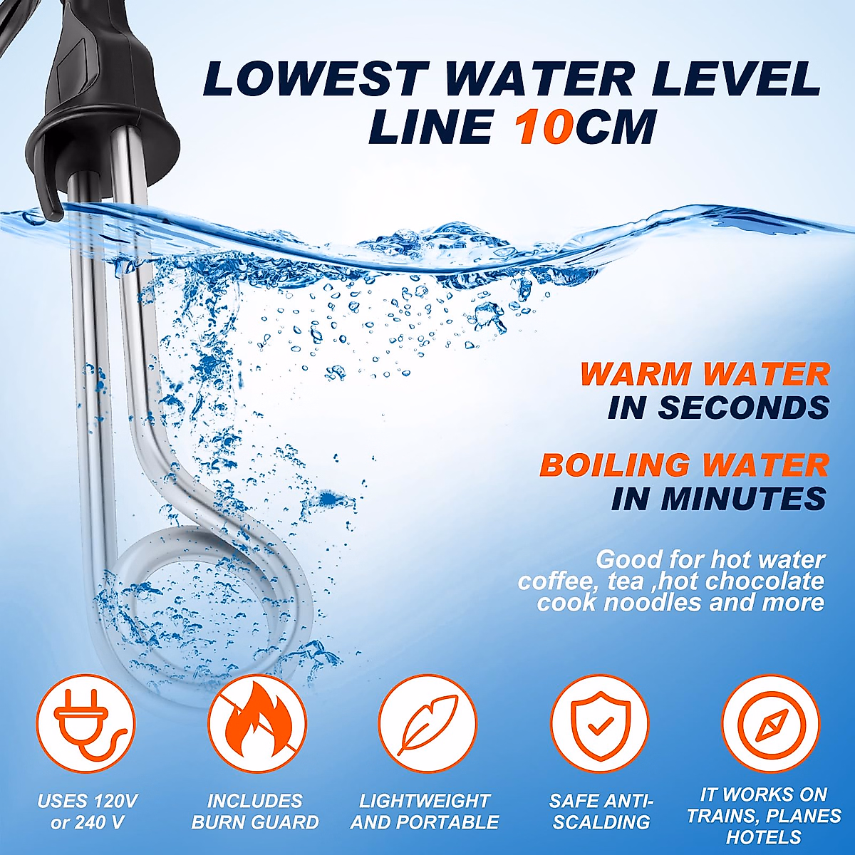 Huquary 1 Pcs Portable Immersion Water Heater 300W 120/240V Electric Camping Accessories Dual Voltage Immersion Heater Travel Water Boiler Water Heating Rod with Travel Adapter for Coffee (Black)