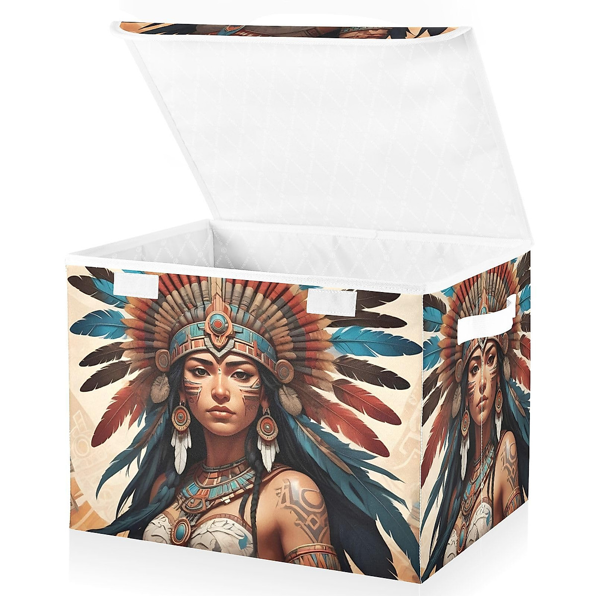 YMGQYJ Storage Cube with Lid Aztec Woman Print Collapsible, Large Capacity Foldable Storage Basket Bin Organizer 16.5×12.6×11.8 IN