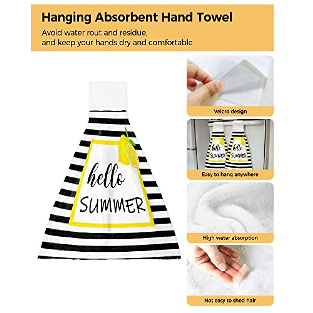 Ldtrchee Hello Summer Lemon Yellow Lace Hand Towel with Hanging Loop, Black White Stripes Fruit Hanging Tie Towels Set 1 Pcs, Kitchen Absorbent Towel for Bathroom Tea Bar Laundry