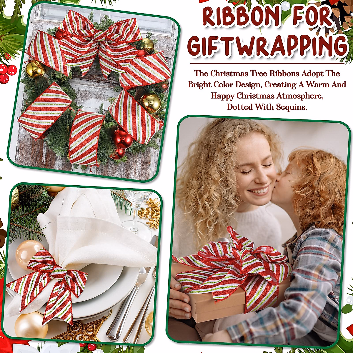 2 Rolls Christmas Wired Ribbon Red Green Stripe Glitter Ribbon Xmas Wrapping Burlap Decor for Home Party DIY Craft Bows, 2.5 Inch 20 Yards (White)