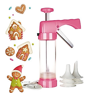 Ourokhome Cookie Press Gun Kit - Clear Tube with 16 Discs and 6 Icing Tips (Red)